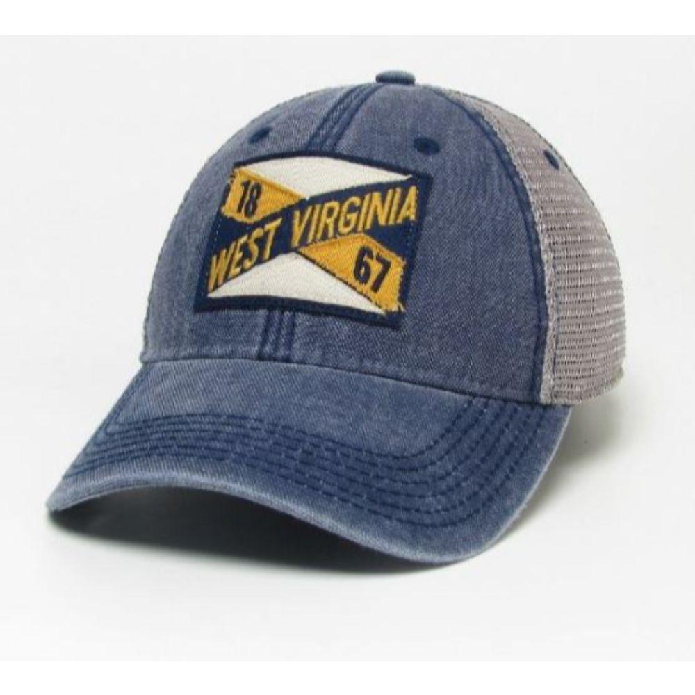 WVU | West Virginia Legacy Frayed X Patch Trucker Hat | Alumni Hall